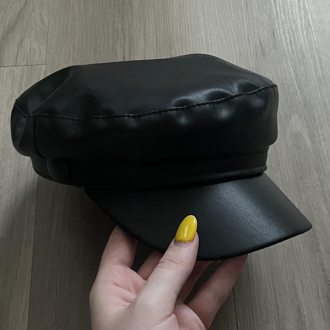 Faux Black Leather Baker Boy Captain Hat - Depop