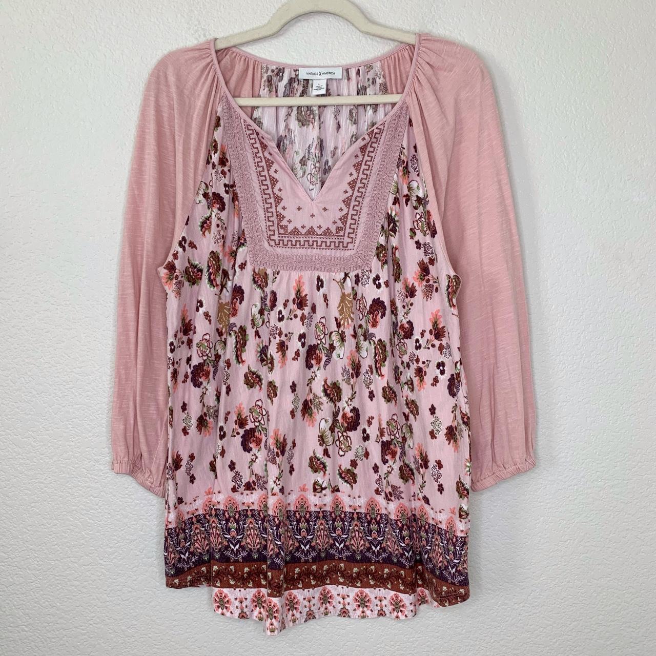 Vintage America Boho Pink Peasant Top Size:... - Depop