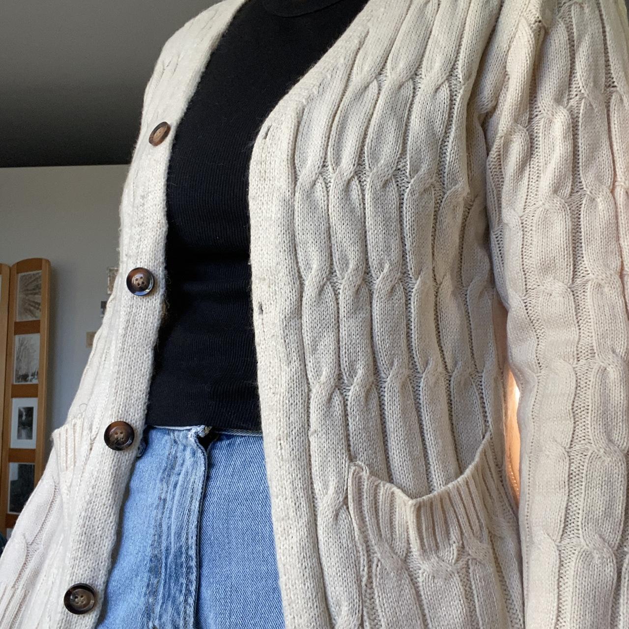 beautiful cream cable knit cardigan with wooden... | Depop