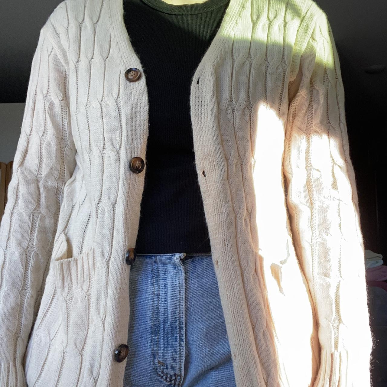 beautiful cream cable knit cardigan with wooden... | Depop