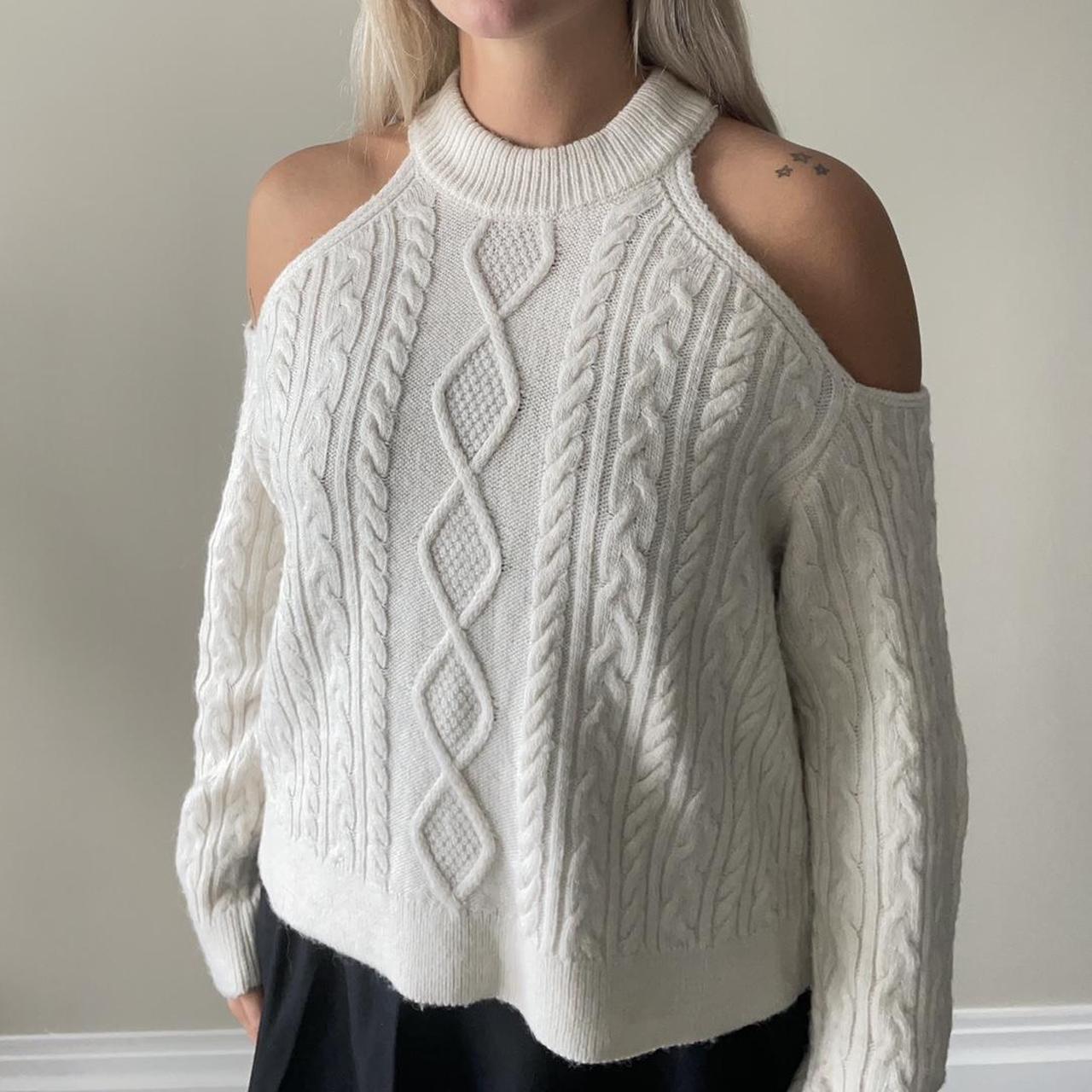 Cable knit White jumper with shoulder cut outs from... - Depop