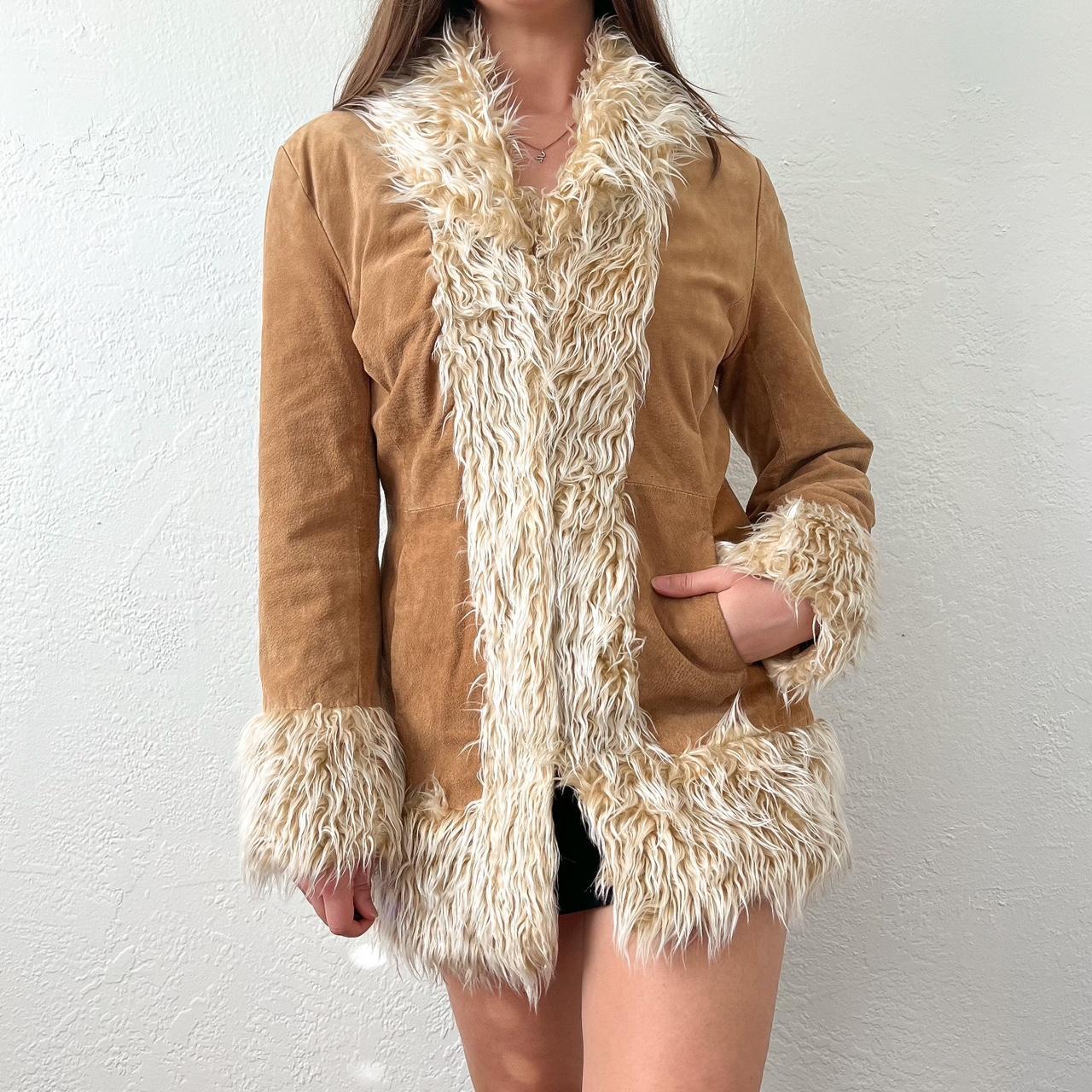 vintage penny lane coat tan suede with light cream... - Depop