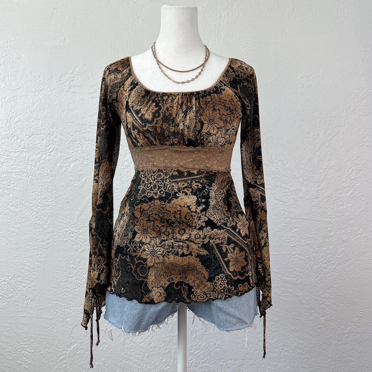Y2K floral long sleeve top black and brown, flowy... - Depop