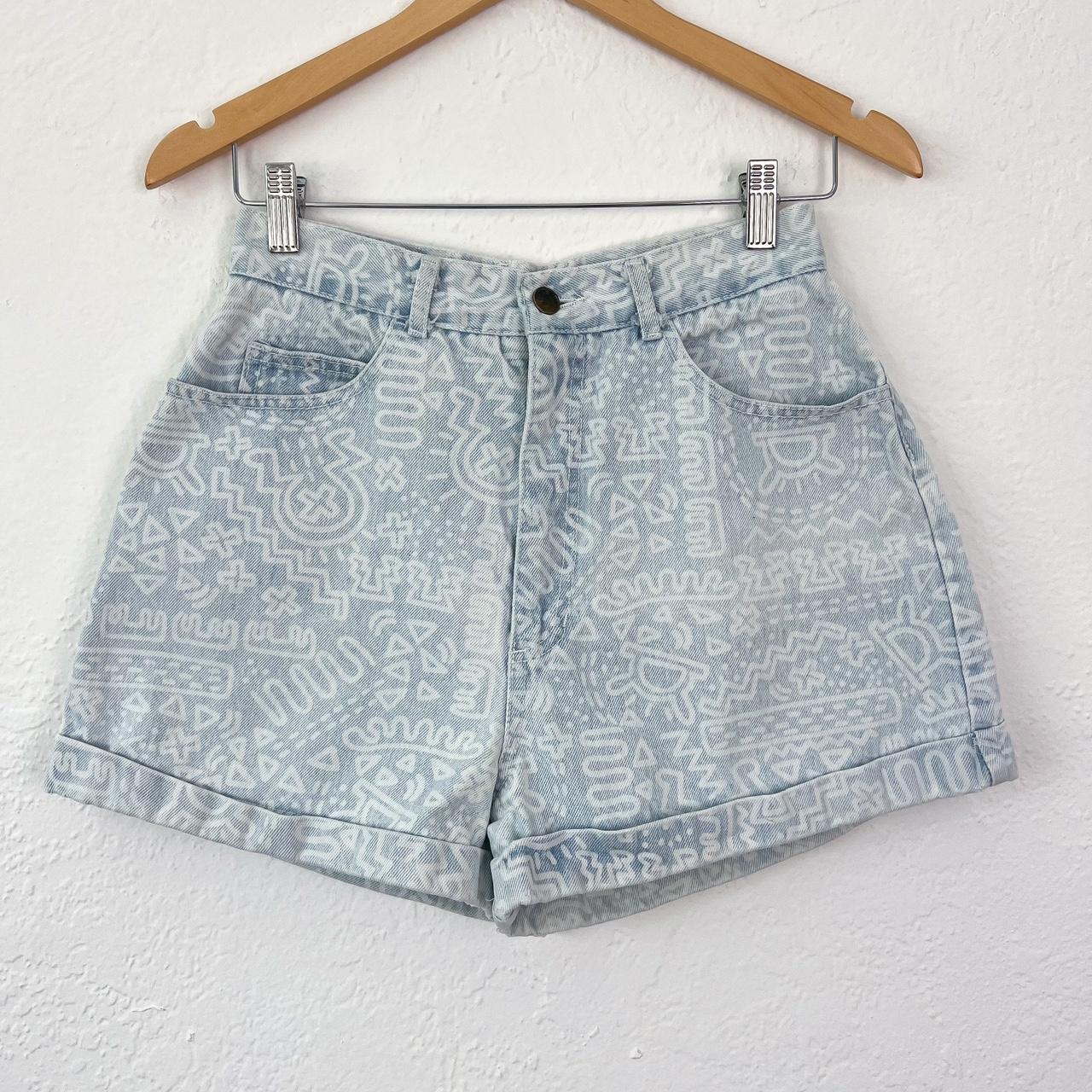 Vintage Keith Haring style cuffed denim shorts... - Depop