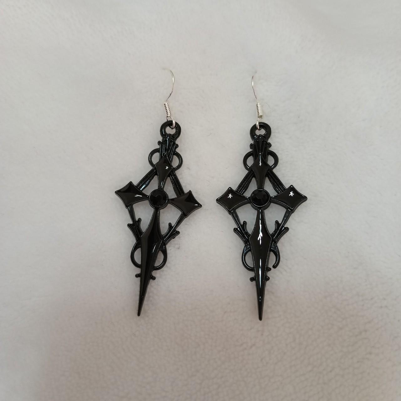 Gothic punk witch silver black cross earrings - Depop