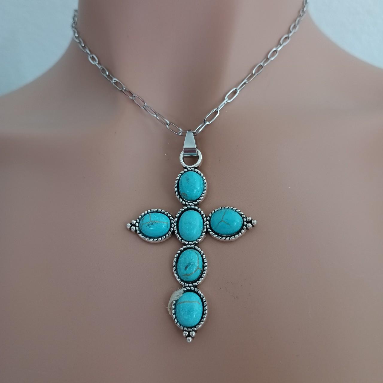 Large turquoise cross necklace stainless steel chain... | Depop