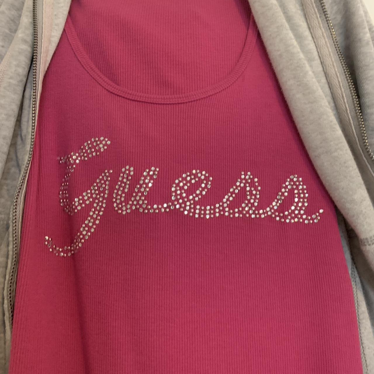 Hot Pink guess rhinestone singlet vintage y2k... - Depop