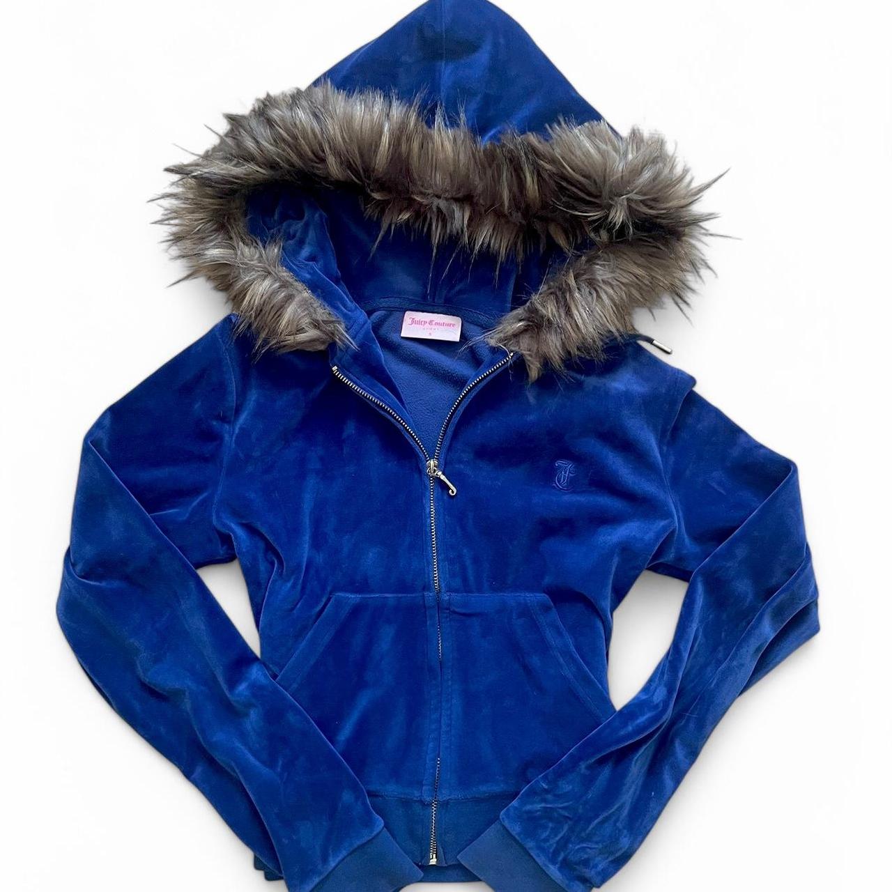 Blue Juicy Couture velour zip-up hoodie with faux... | Depop