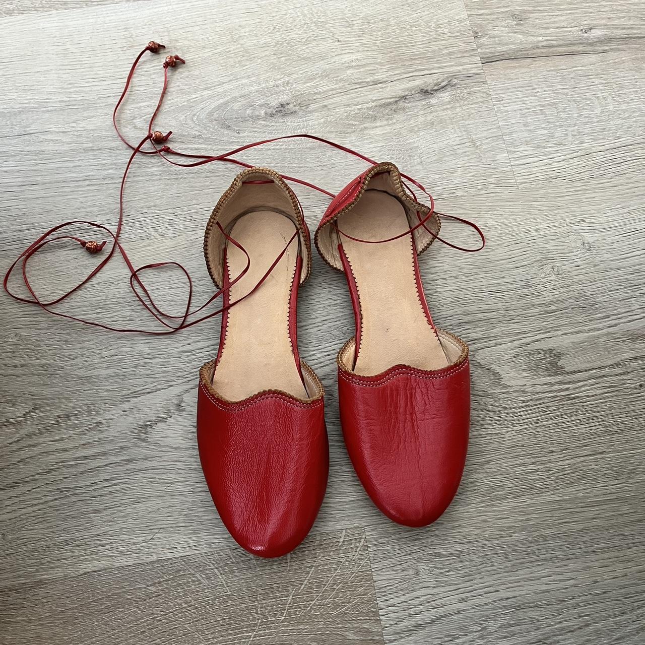 Gorgeous bright red leather ballet flats with ties... - Depop