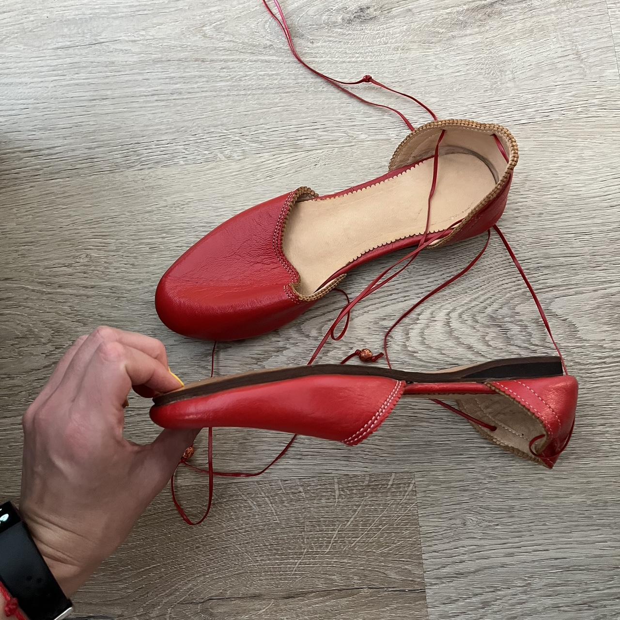 Gorgeous bright red leather ballet flats with ties... - Depop