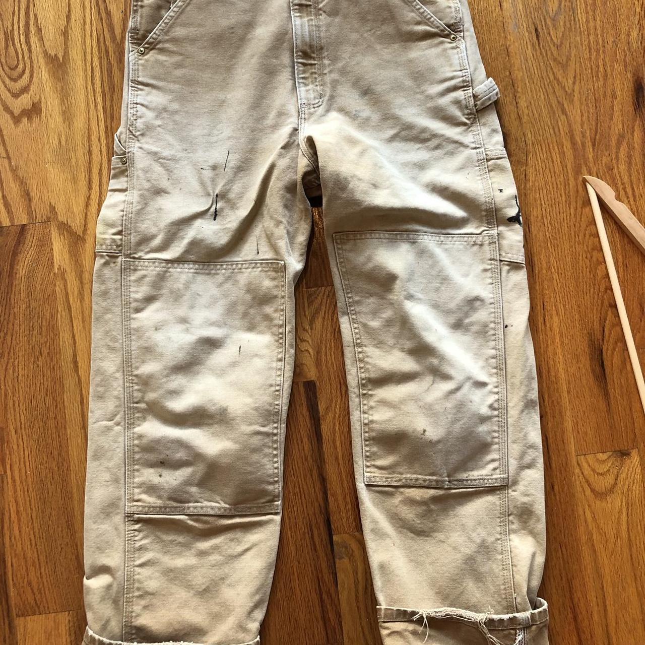 Light Tan Carhartt Overalls with nice fade and worn... - Depop