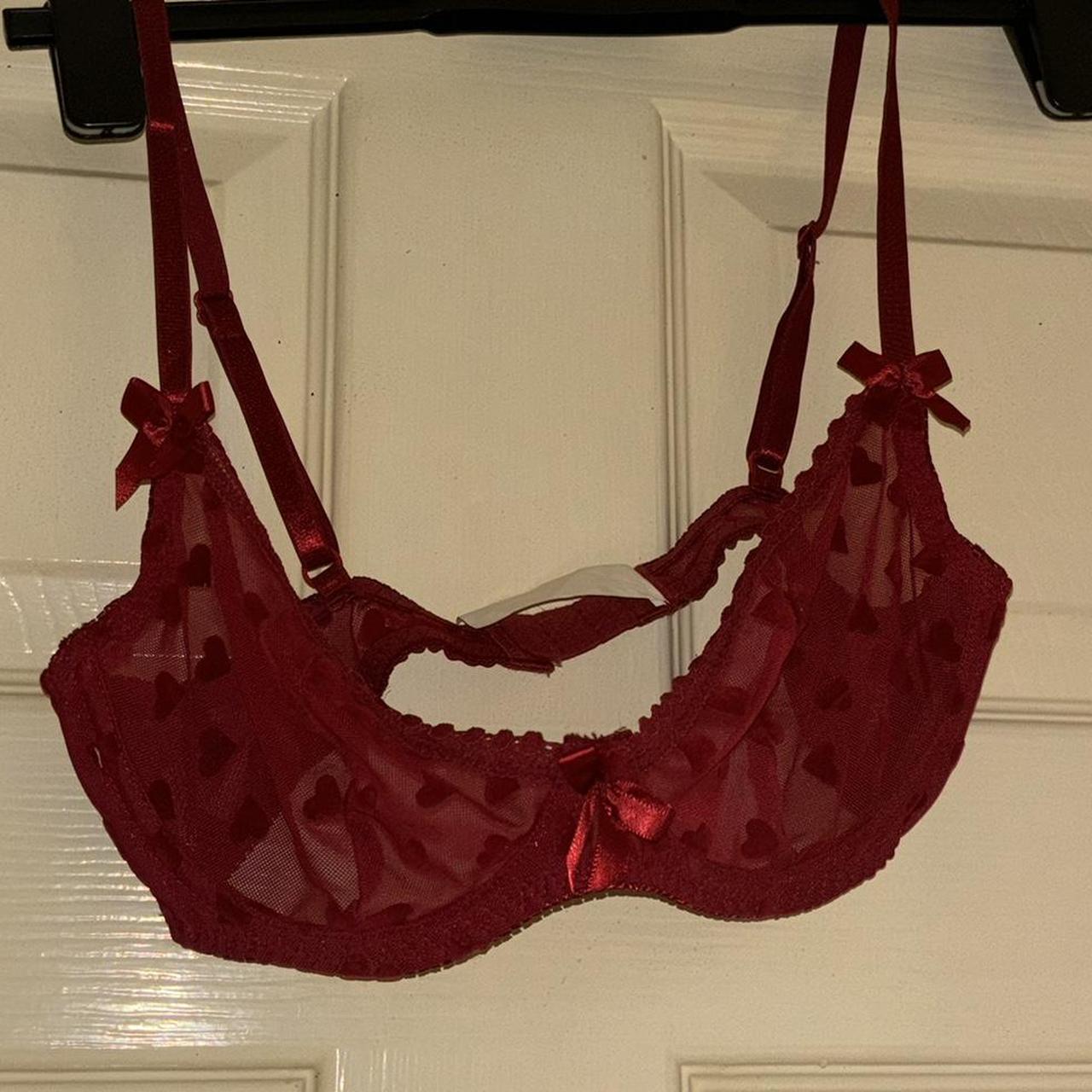 Red mesh heart bra with bows and heart pattern... | Depop