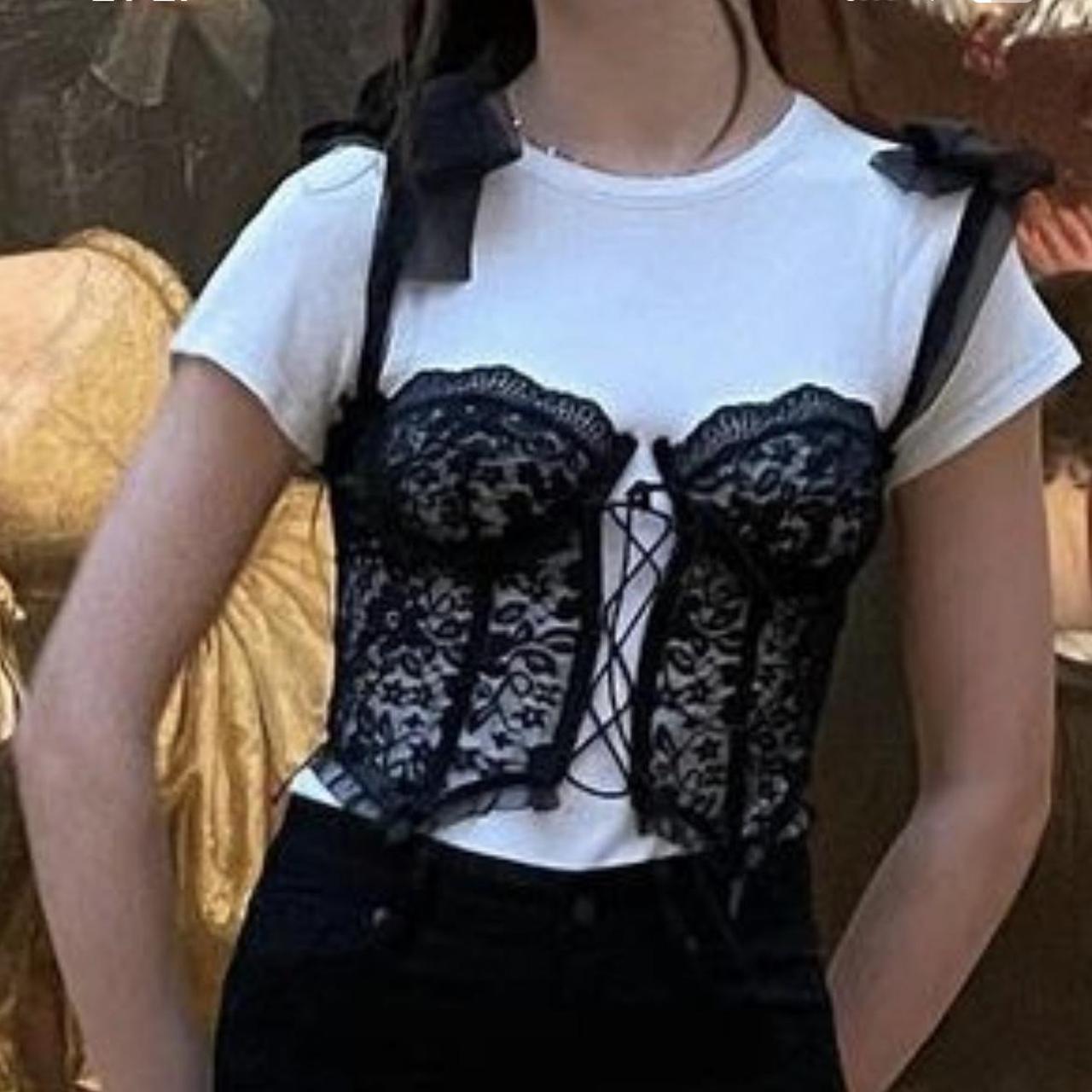 Gorgeous black lace & ribbon detail corset top so... - Depop
