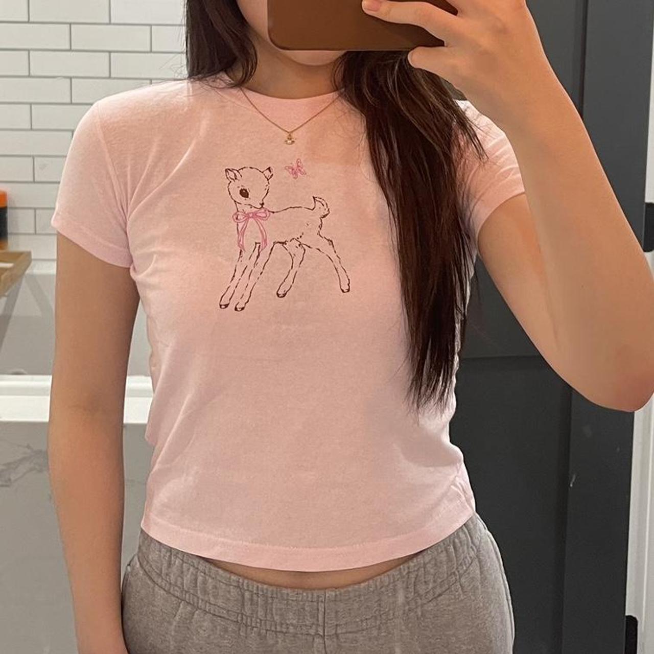 deer with ribbon and butterfly print baby tee! the... | Depop