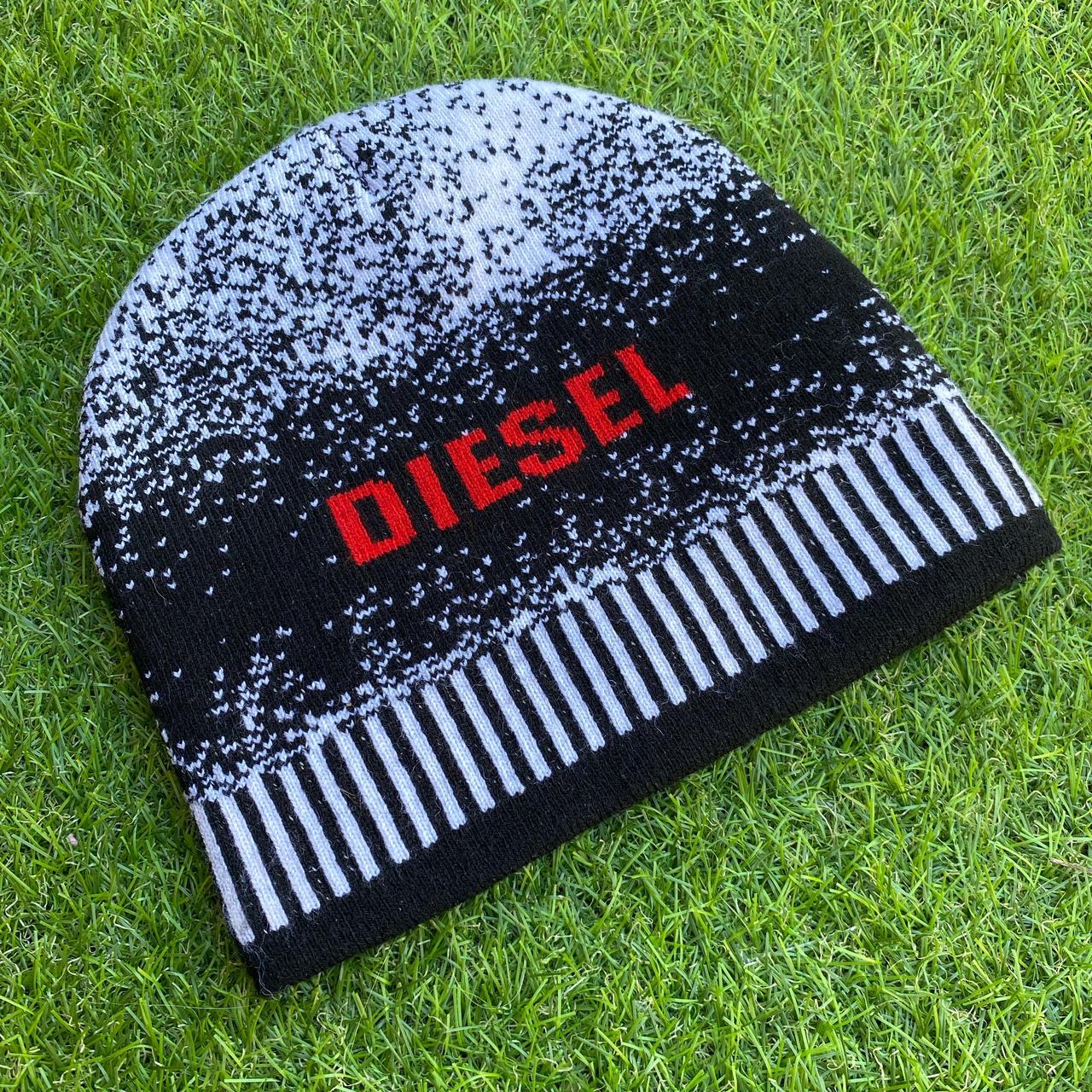 black & white diesel beanie features red diesel... - Depop