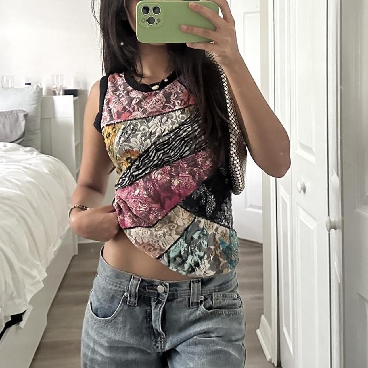 patchwork tank top with mesh back, soo y2k... - Depop