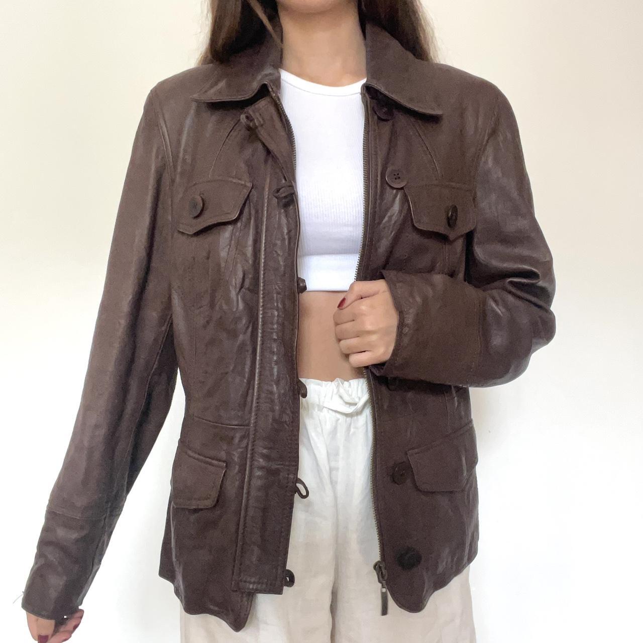 Vintage Y2K Brown Bomber Leather Jacket... - Depop