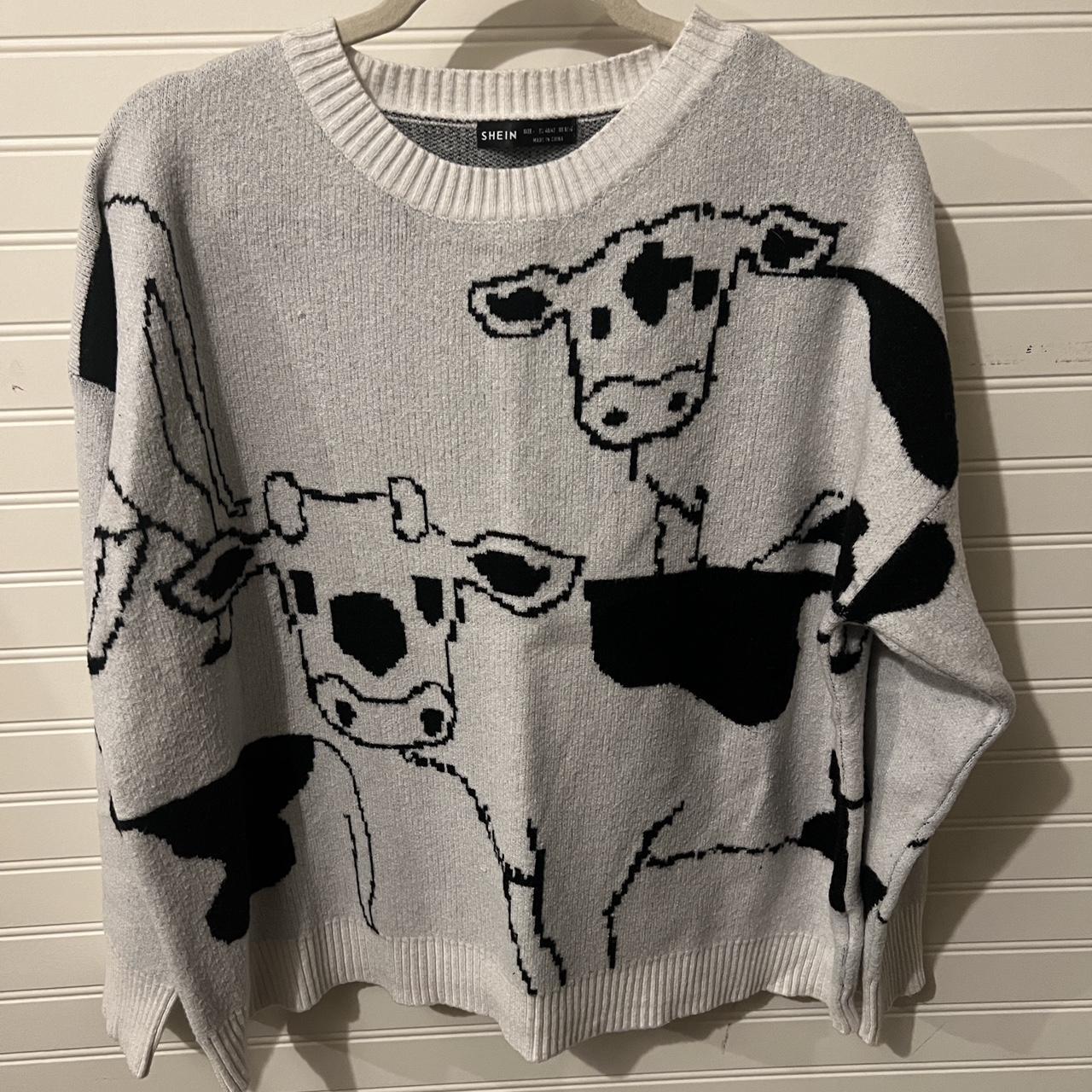Cow print knitted jumper - oversized fit large - Depop