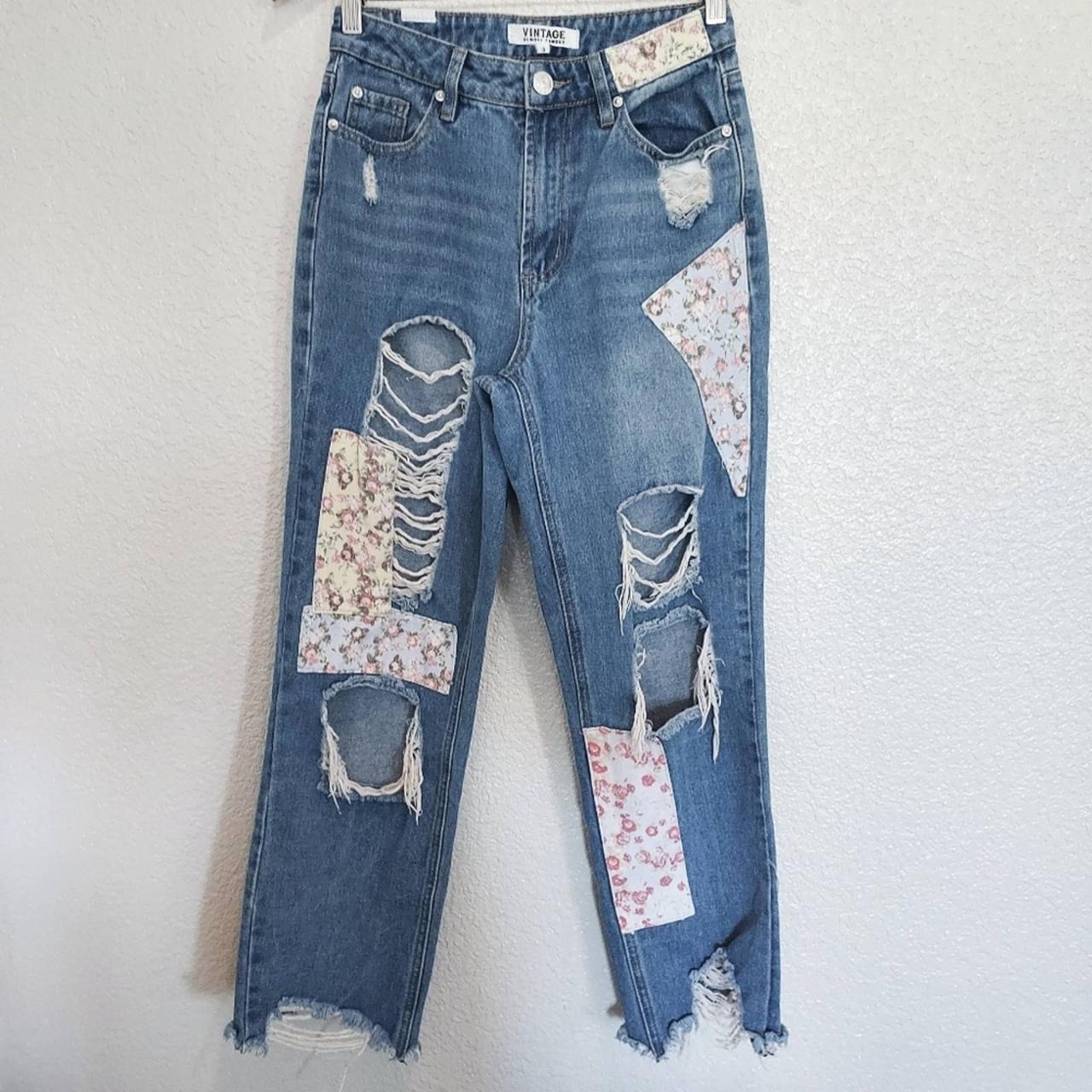 Almost Famous Vintage Patch Distress Jeans Size... - Depop