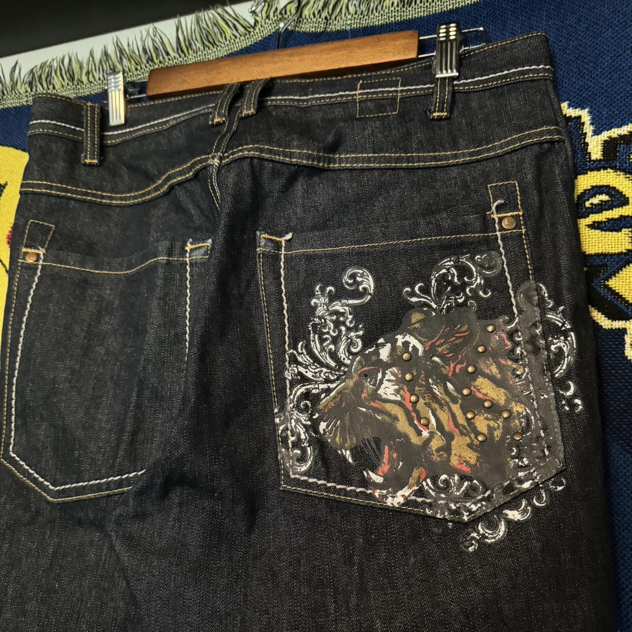 Vtg Kani Gold Baggy Jeans with tiger design Size... - Depop