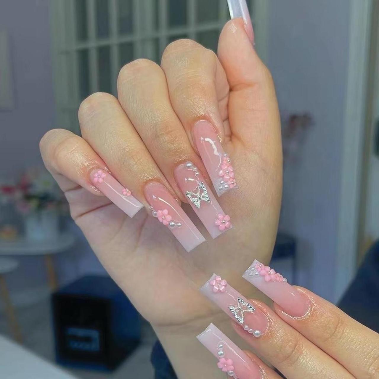 Pink butterfly rhinestone ombré press on nails Buy... - Depop