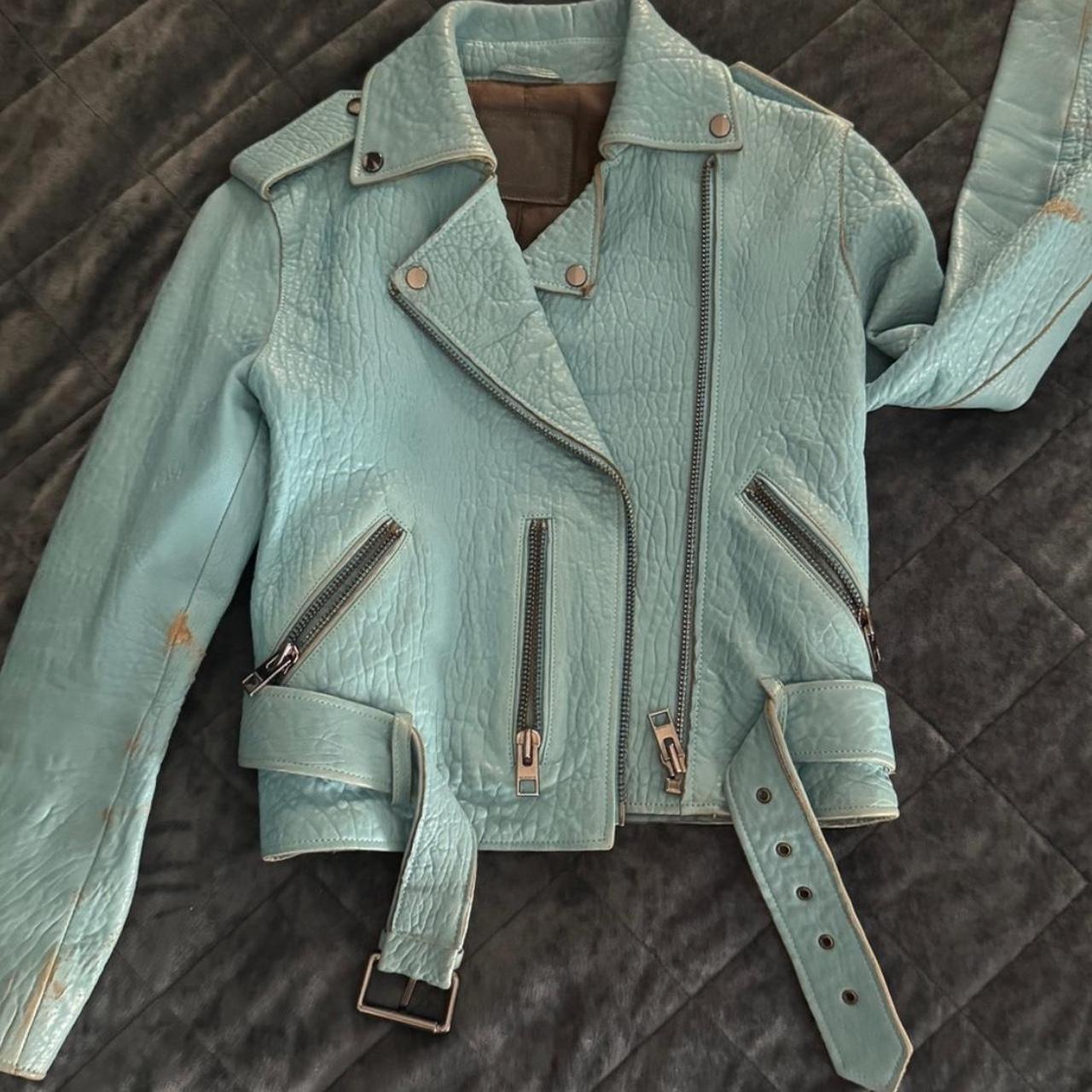 All Saint blue leather jacket Burnt like wear on... - Depop