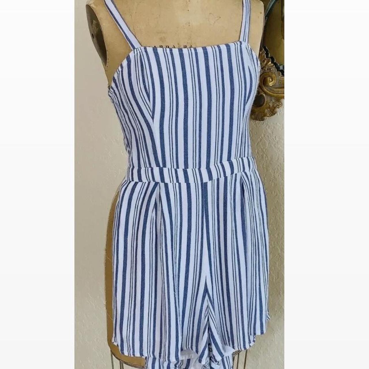 Hollister blue and white stripy playsuit with tie up... - Depop