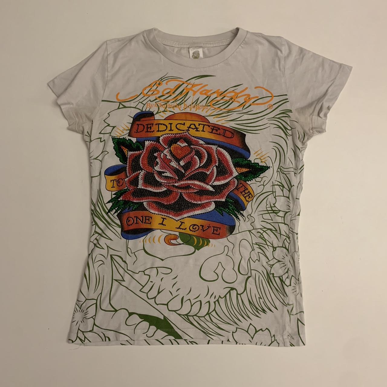 prettiest ed hardy white top, with a red rose print,... - Depop