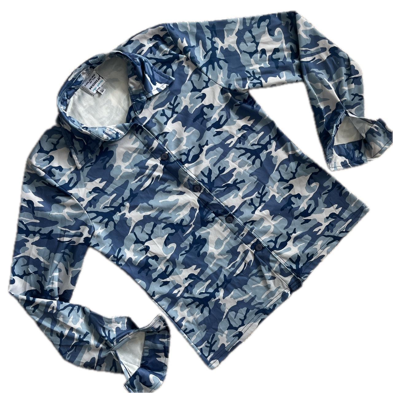 Baby blue camo print long sleeved button up shirt... - Depop