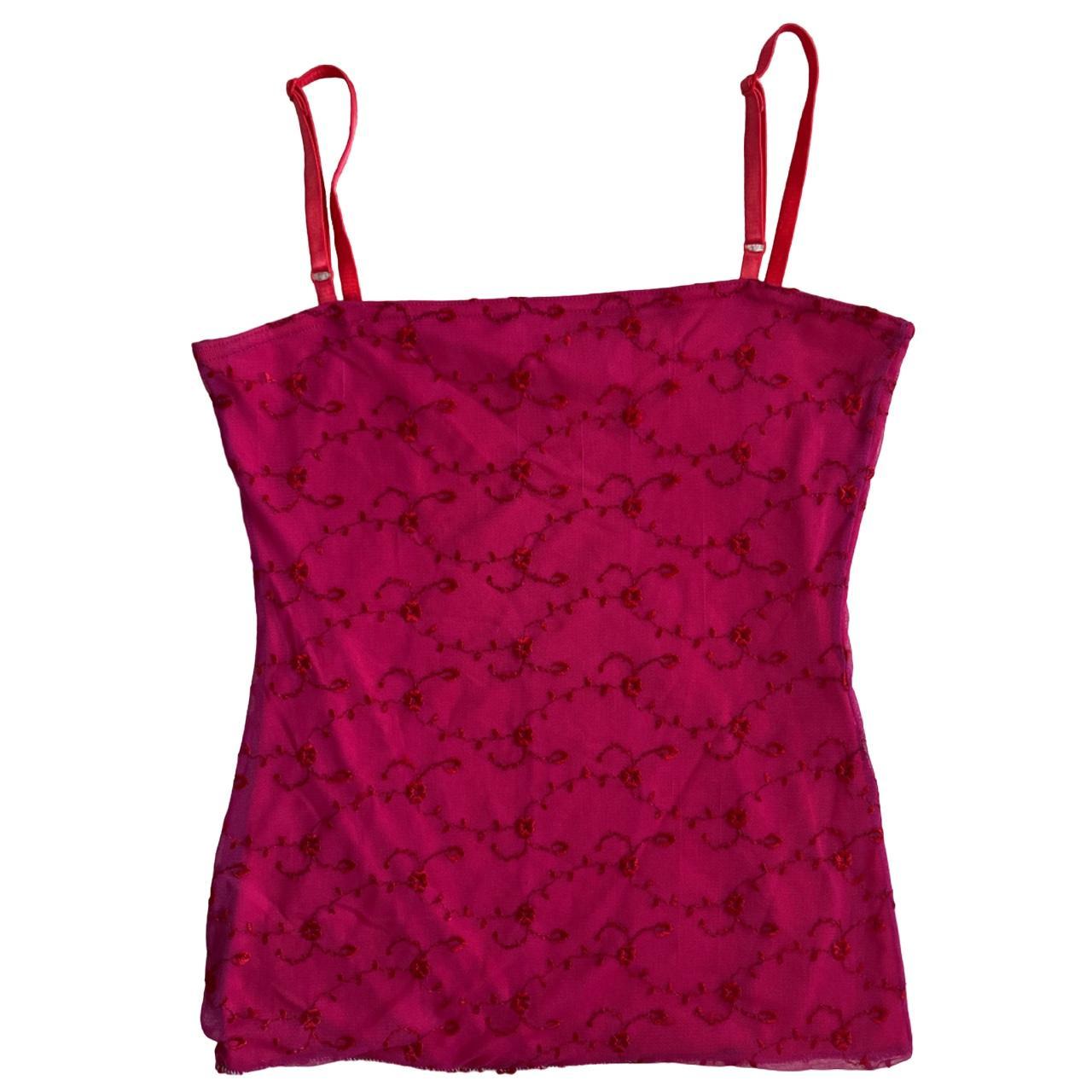 Pretty little hot pink & red floral mesh cami top... - Depop