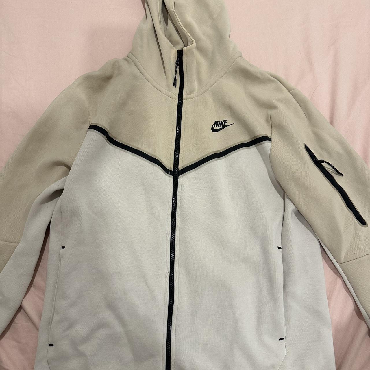 nike beige two tone tech fleece jumper minimal wear,... - Depop