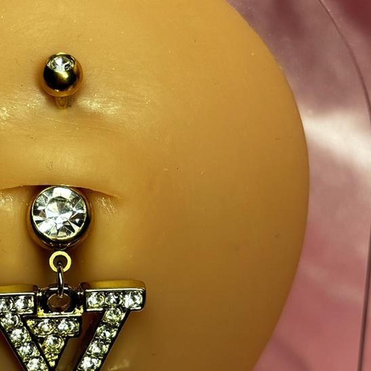 Gold LV Belly Bar Double Crystal Gem Navel Bar