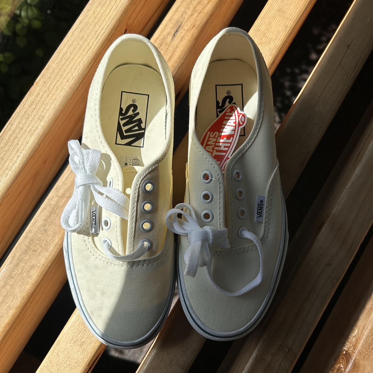 Vintage style Vans Cream with blue stripe on... - Depop