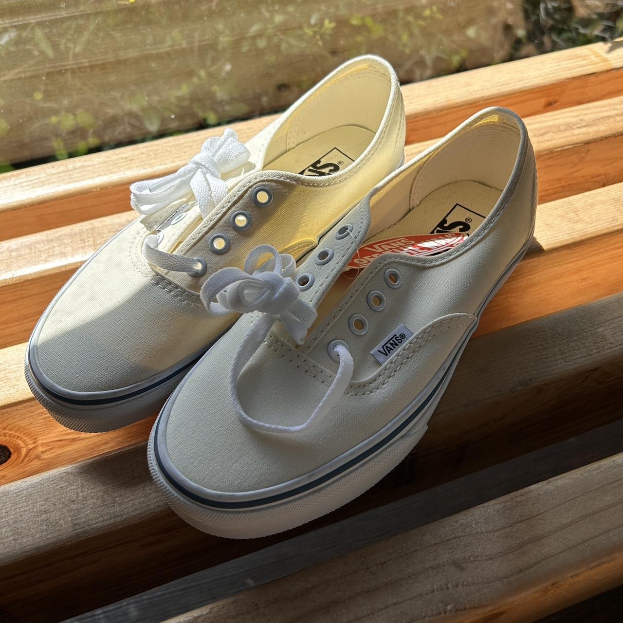 Vintage style Vans Cream with blue stripe on... - Depop