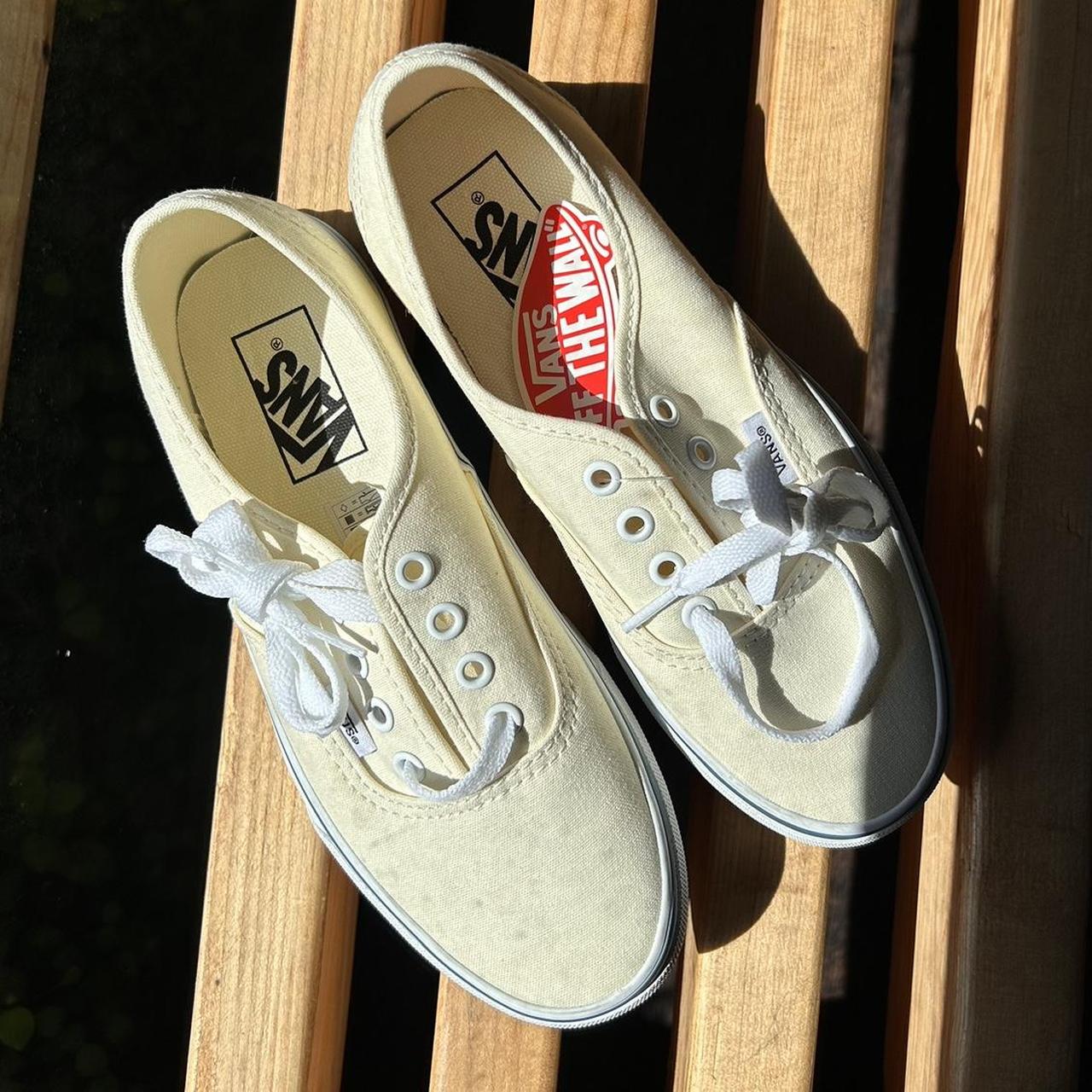 Vintage style Vans Cream with blue stripe on... - Depop