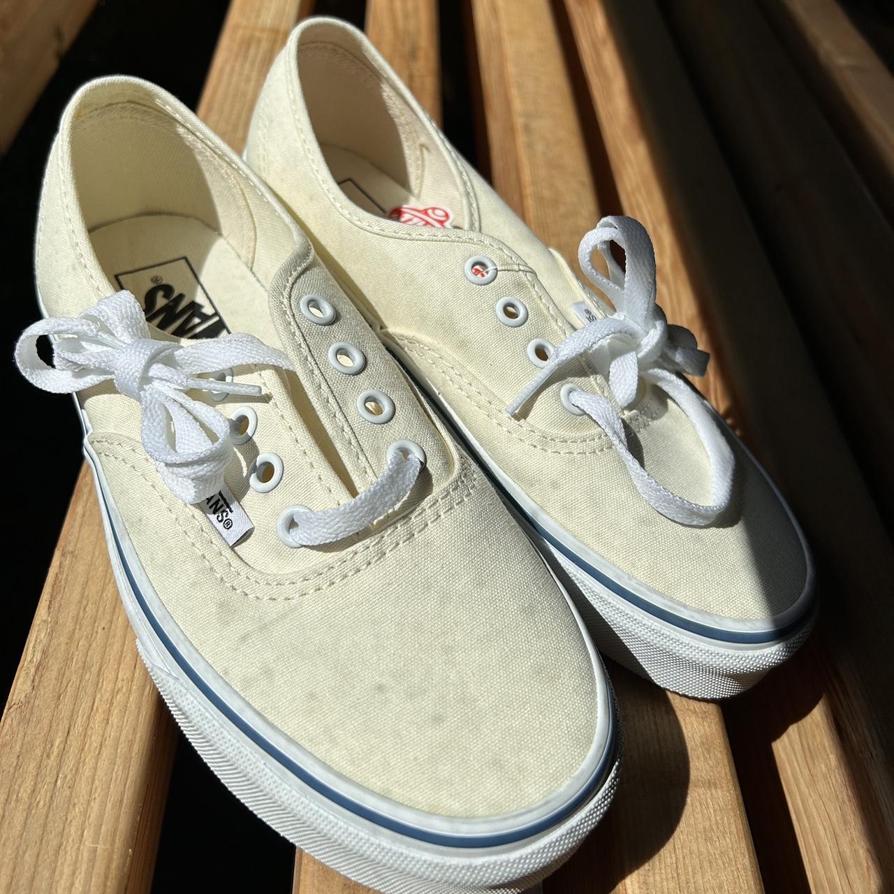 Vintage style Vans Cream with blue stripe on... - Depop
