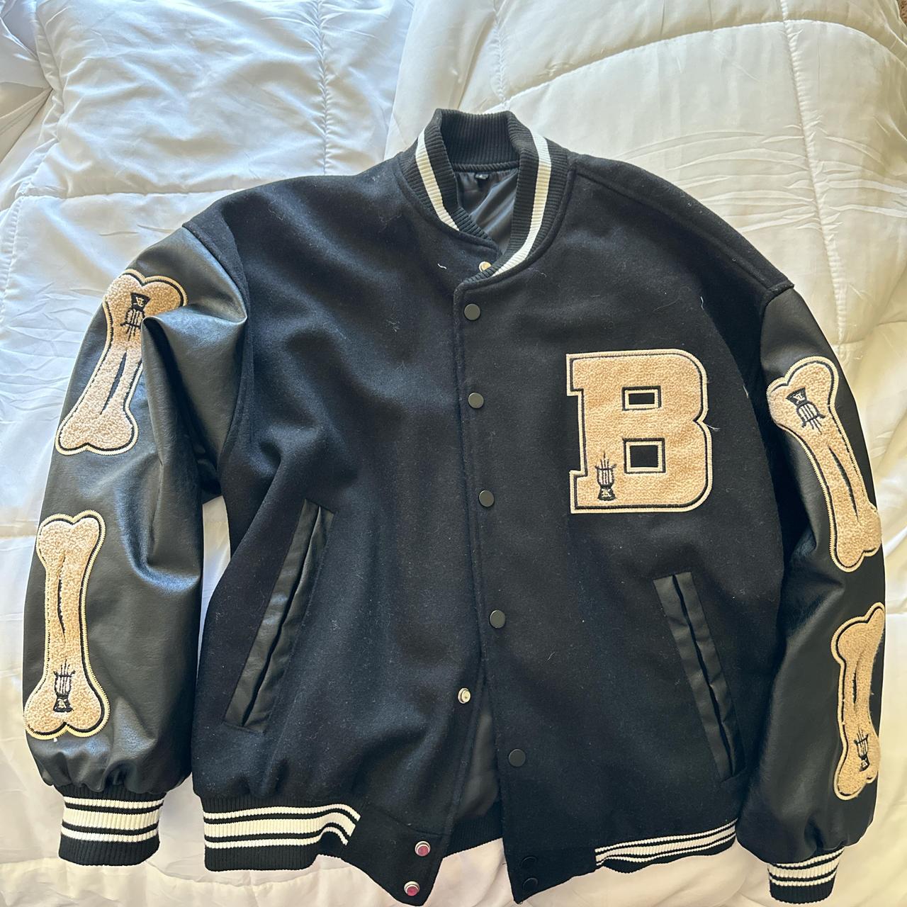 Embroidered bone varsity jacket I’m a medium and... - Depop