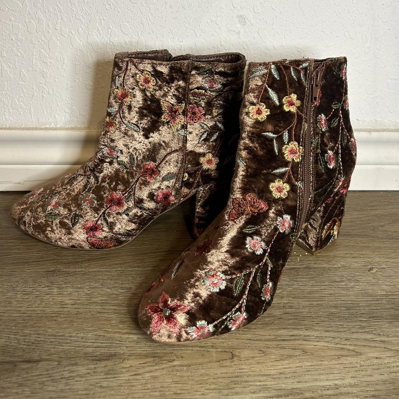 Embroidered flower / butterfly velvet booties... - Depop