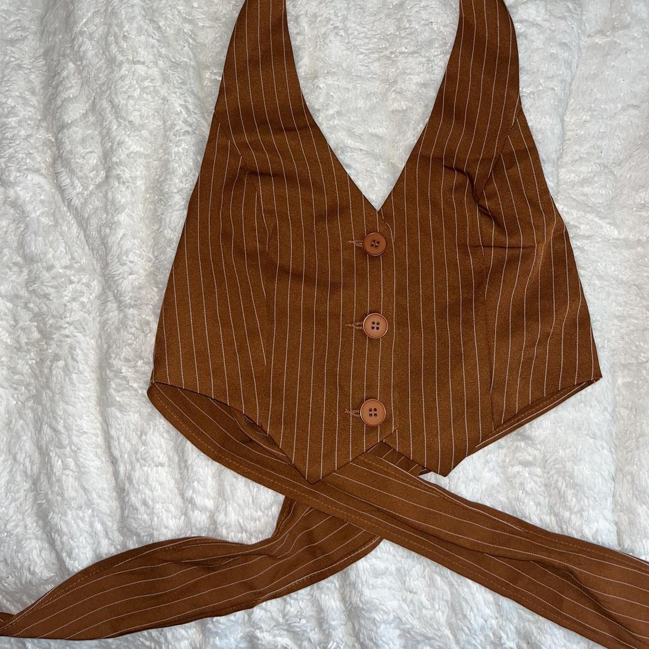 Brown and white striped halter vest with button-down... - Depop