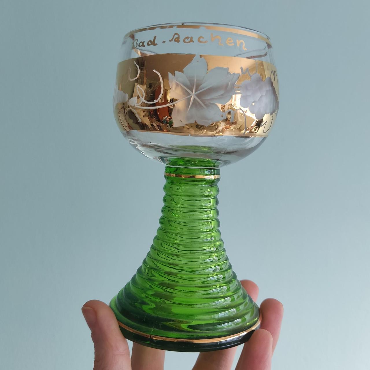 Vintage 1970s goblet Green glass stem Etched grape... - Depop