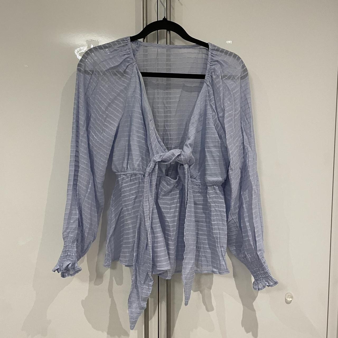 Womens blue textured top. Mesh sleeves and bottom... - Depop