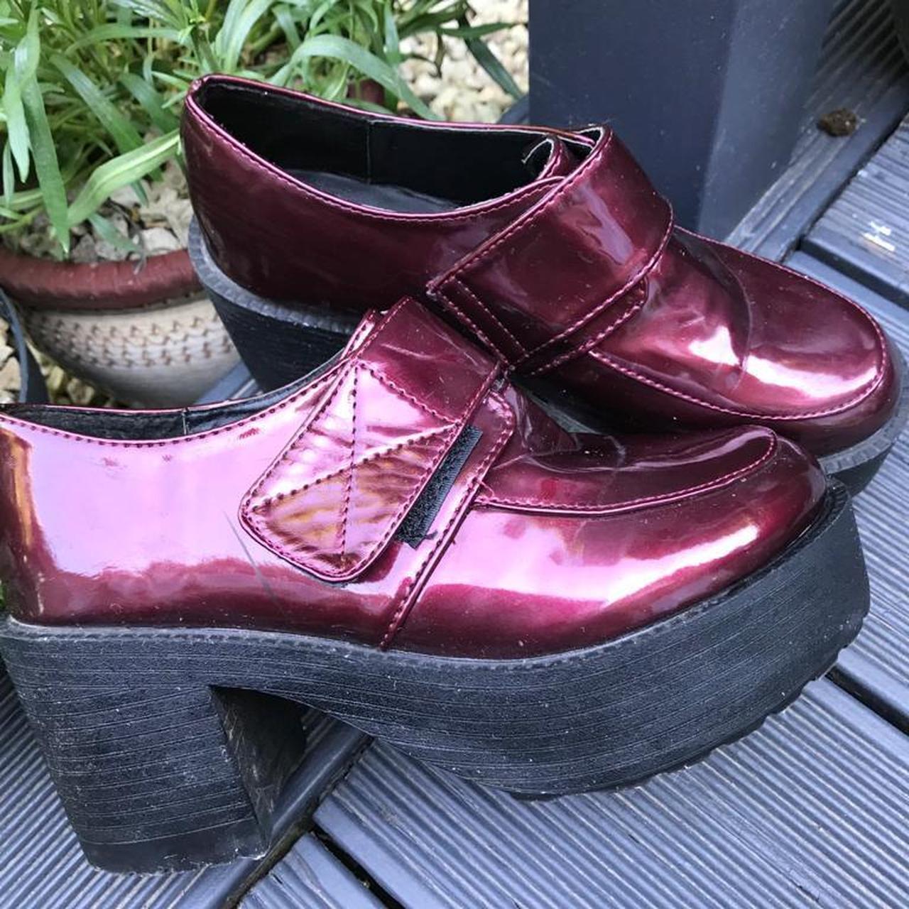 Size 4 patent burgundy platform shoe with Velcro... - Depop
