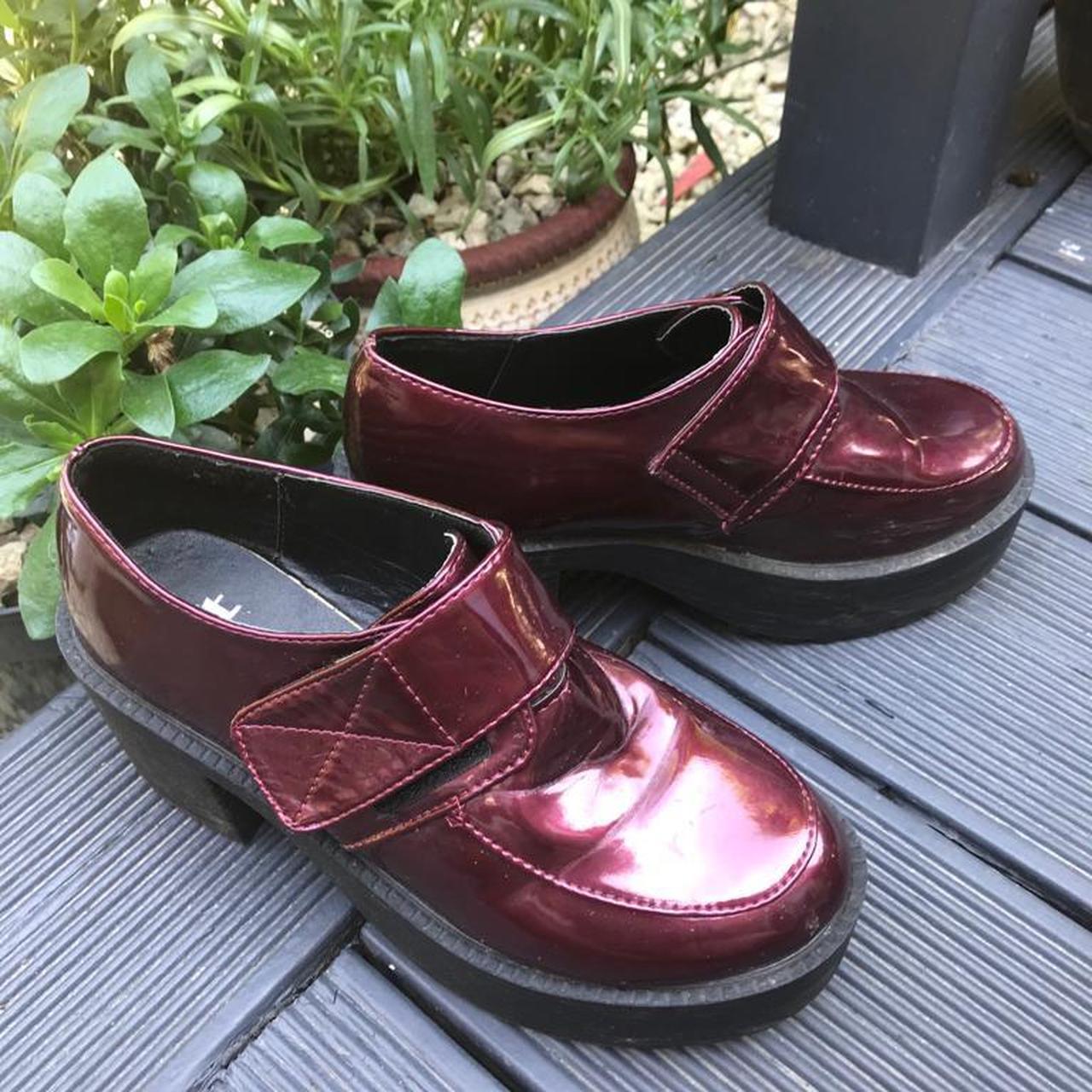 Size 4 patent burgundy platform shoe with Velcro... - Depop