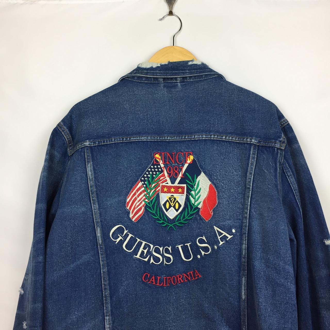 Blue Denim Guess Jacket Embroidered logo on the... | Depop