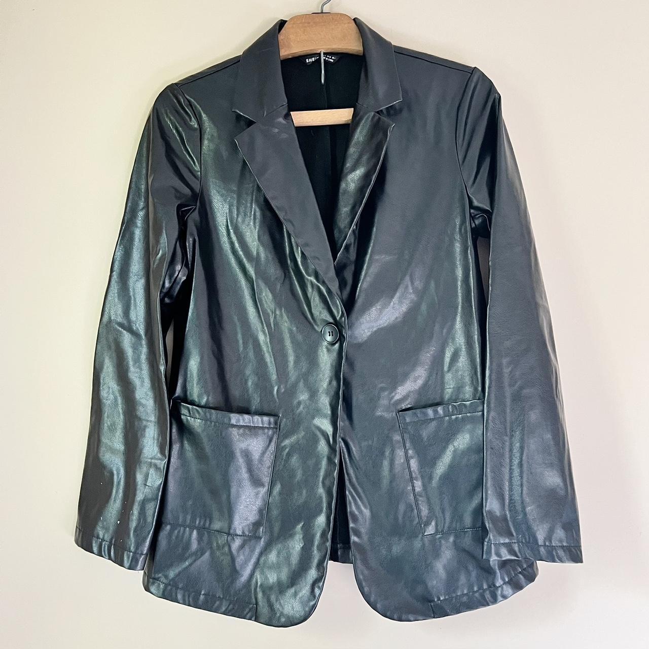 Super trendy, all black vegan faux leather blazer... | Depop