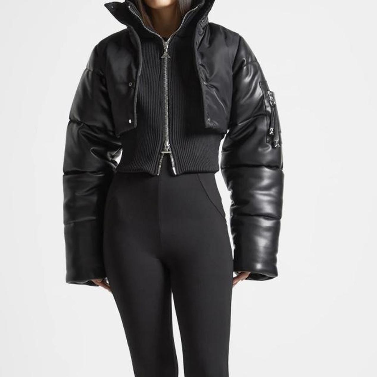 Vegan Leather And Nylon Layered Puffer Jacket - Black - Depop