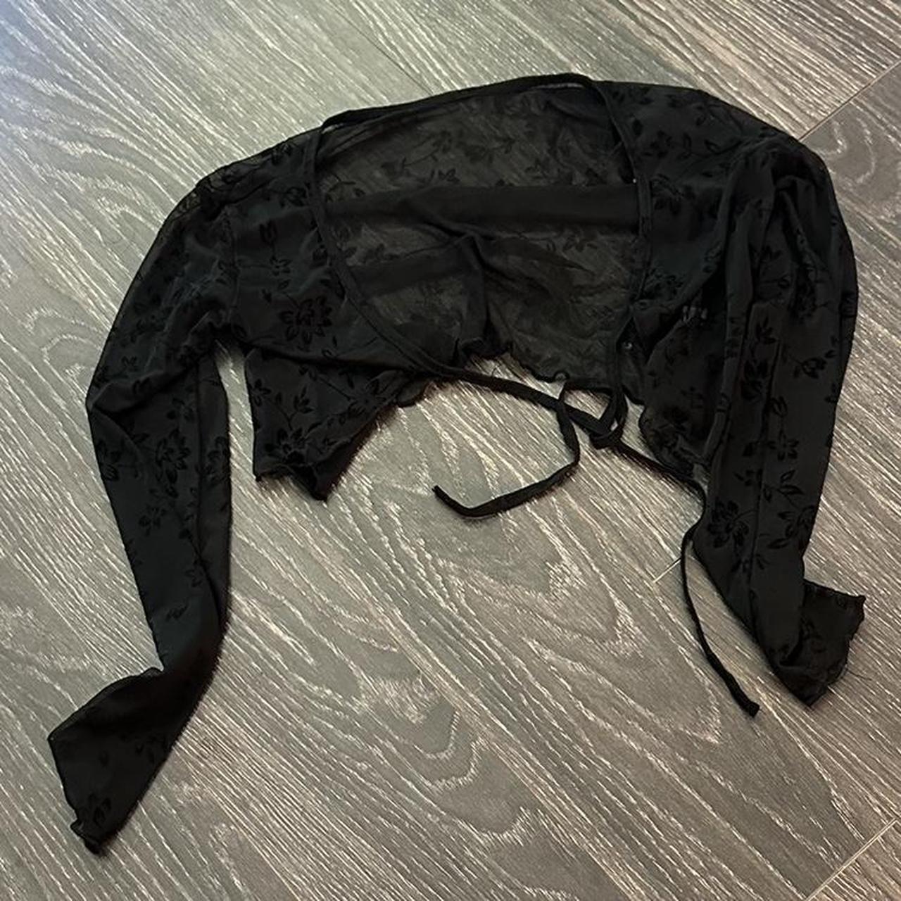 tie in front crop top. sheer black with black flower... - Depop