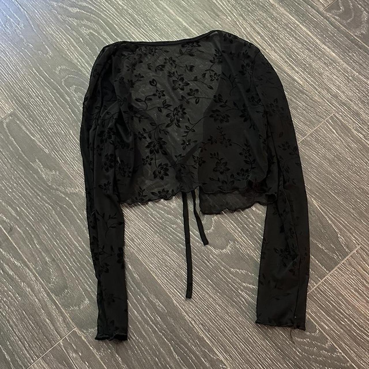tie in front crop top. sheer black with black flower... - Depop