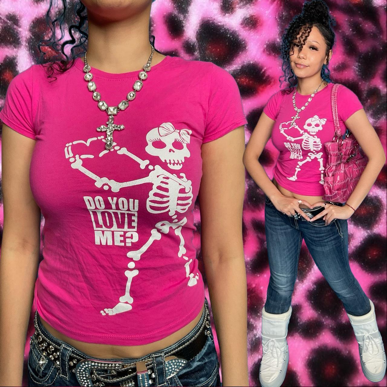 00s PINK SKELETON LOVE GRAPHIC BABY TEE 💀🩷 depop... - Depop