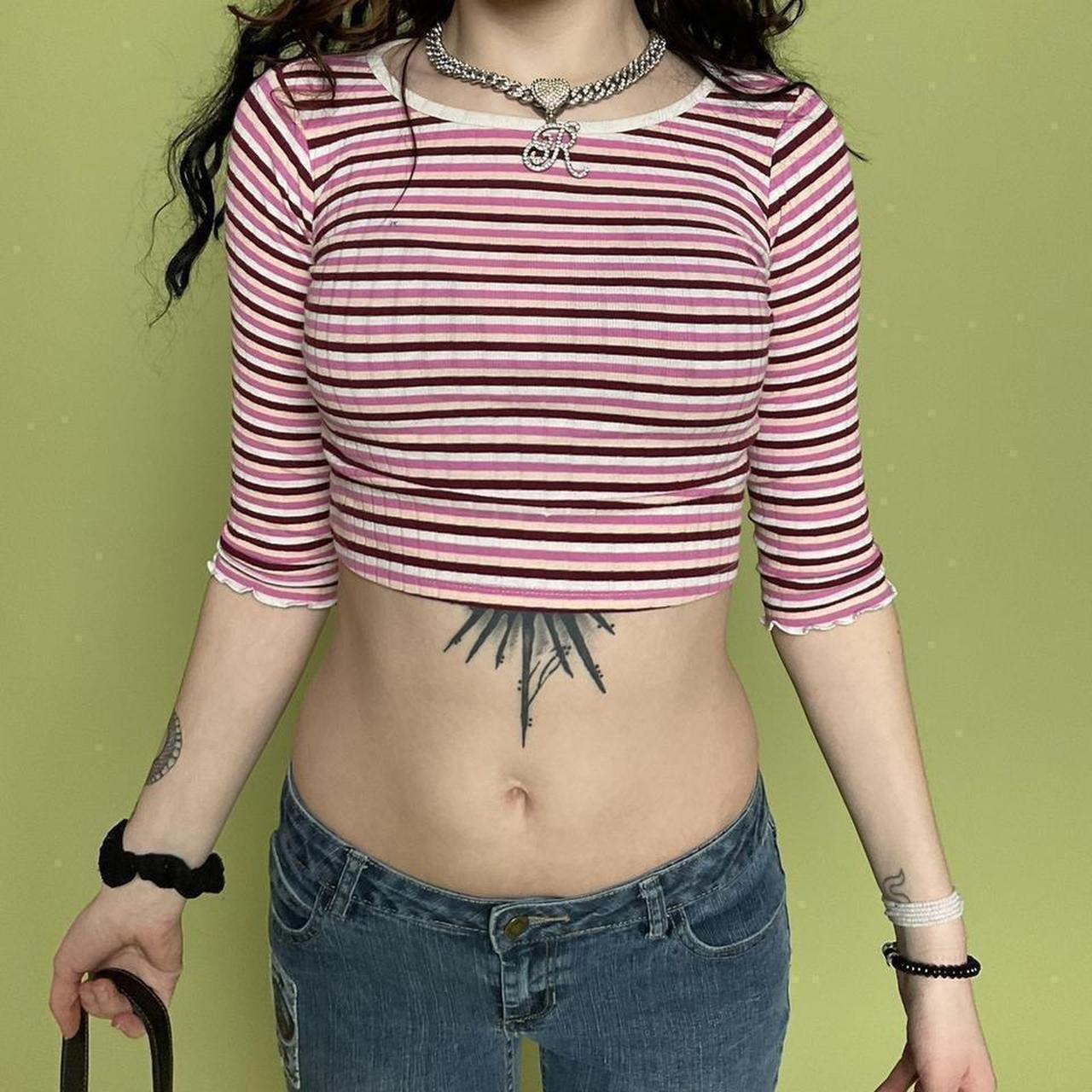 Y2K PINK AND WHITE STRIPE ELENA GILBERT BABY TEE... | Depop